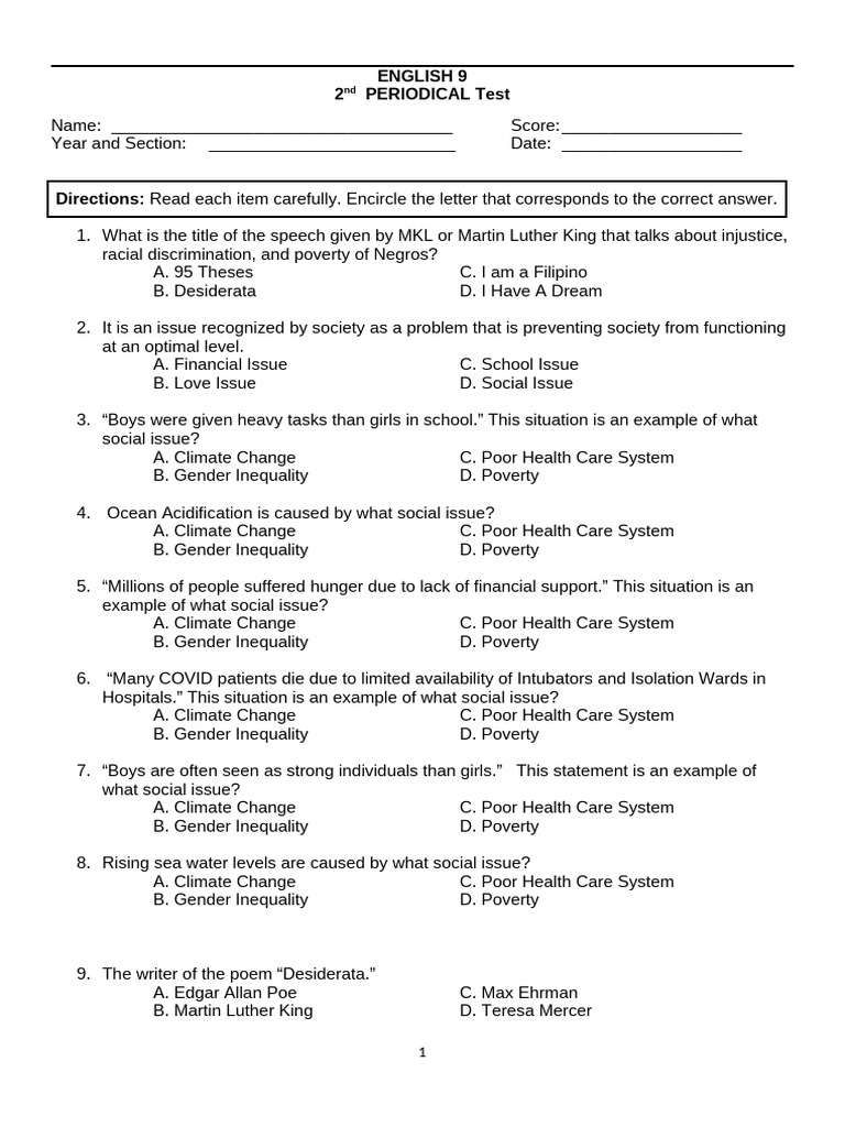 English 9 Periodical Test Review | PDF | Poverty | Poverty & Homelessness