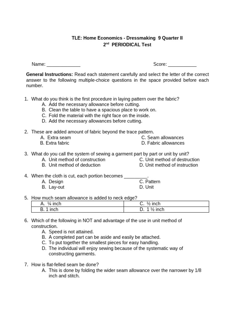 2nd Periodical Test in Tle | PDF | Seam (Sewing) | Sewing