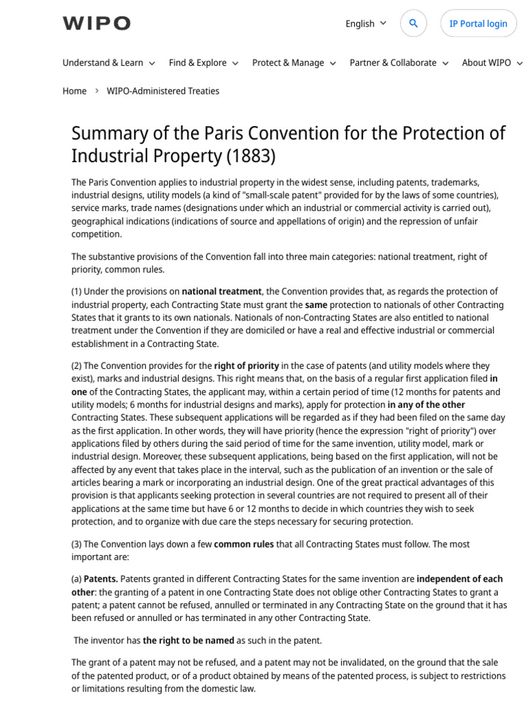 Summary of the Paris Convention | PDF | Patent | Priority Right