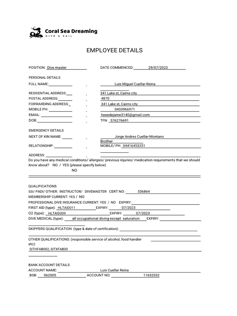 Employee Details Coral Sea Dreamming | PDF