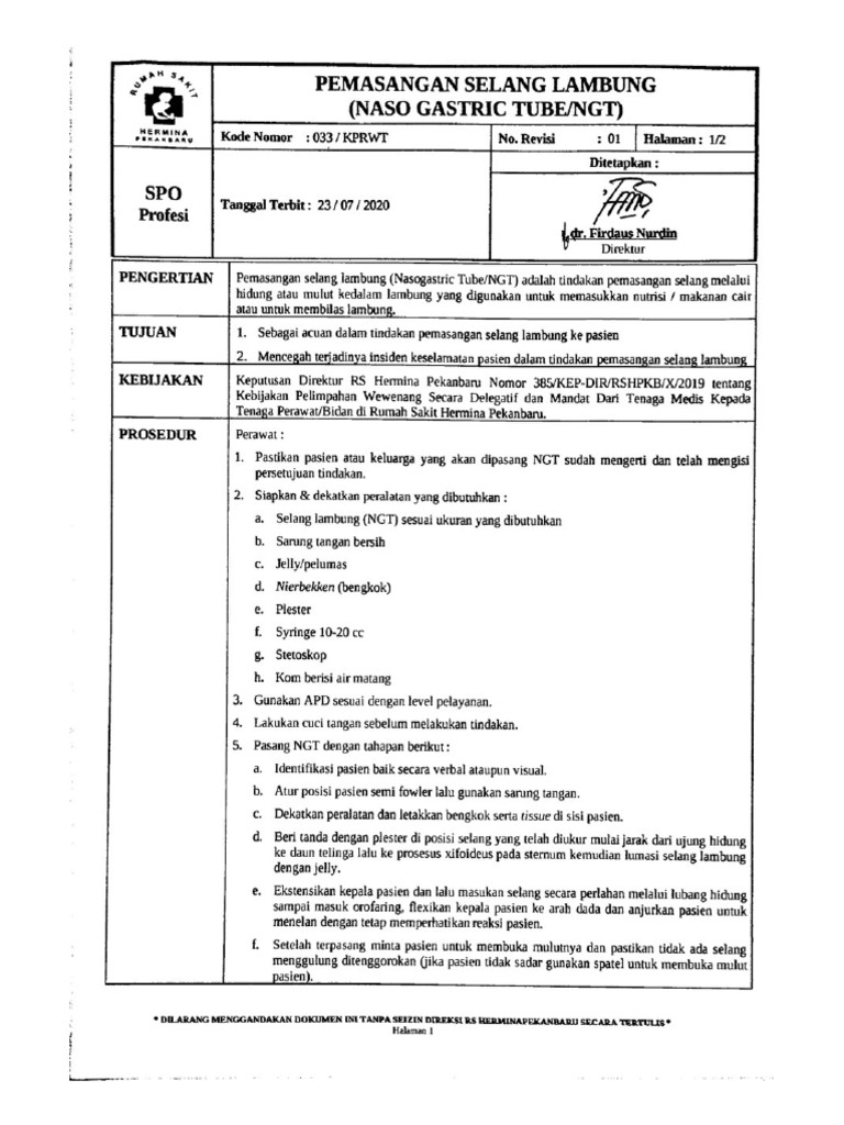 Pemasangan Selang Lambung (Naso Gastric TubeNGT) Rev 01 | PDF