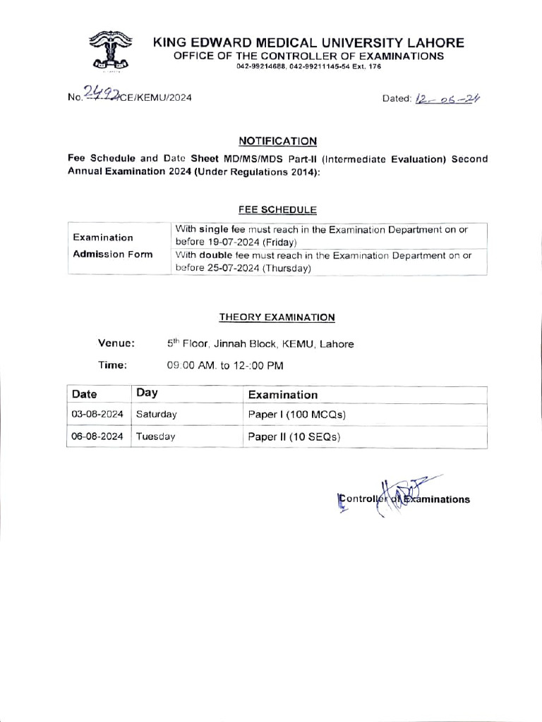 Date Sheet of MD MS MDS Part II IE 2nd Annual Examination 2024 UR 2014 ...