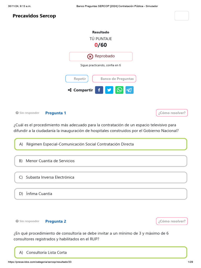 3 Banco Preguntas SERCOP Contratación Pública 2024 Simulador | PDF | Outsourcing | Bancos