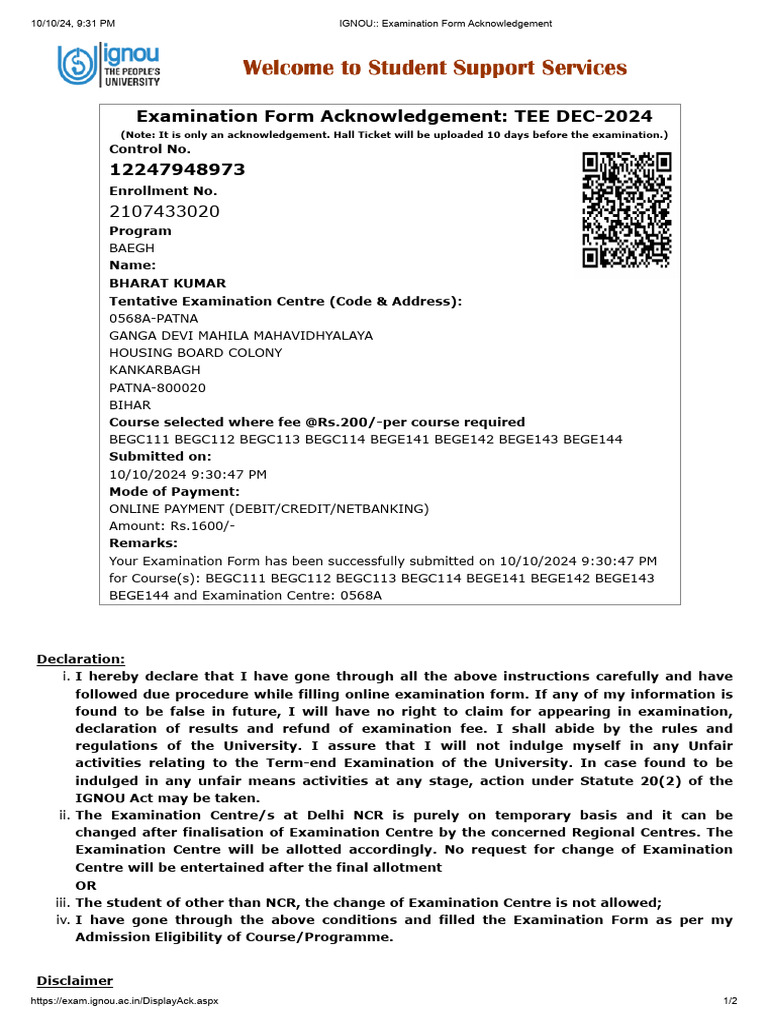 IGNOU - Examination Form Acknowledgement1 | PDF