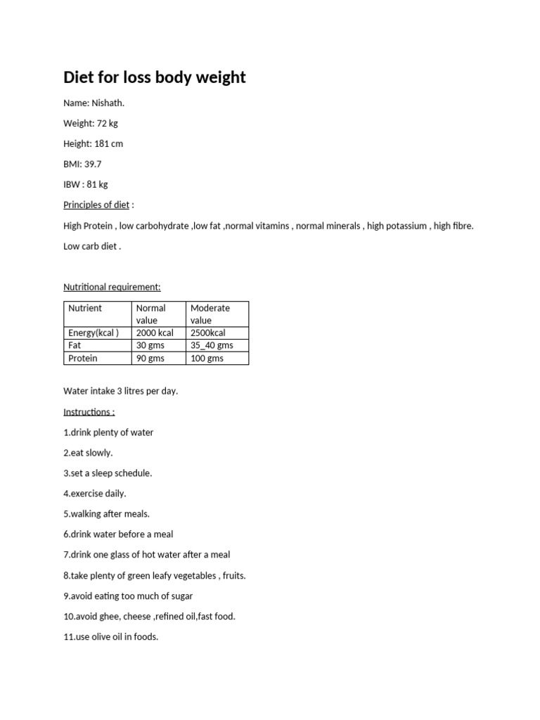 Loss Body Weight Diet Plan | PDF | Foods | Low Carbohydrate Diet
