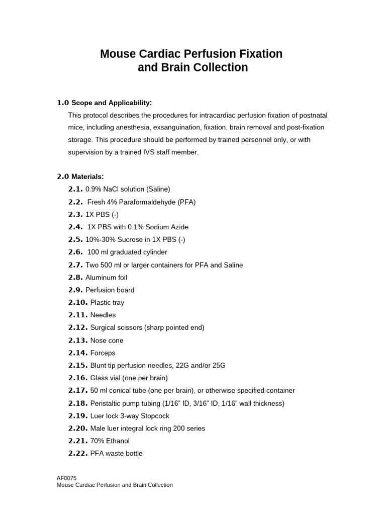 Mouse Cardiac Perfusion Fixation and Brain Collection | PDF | Heart ...