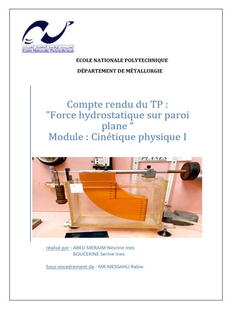 Force Hydrostatique Sur Une Paroi Plane, ENPA | PDF | Pression | Mécanique