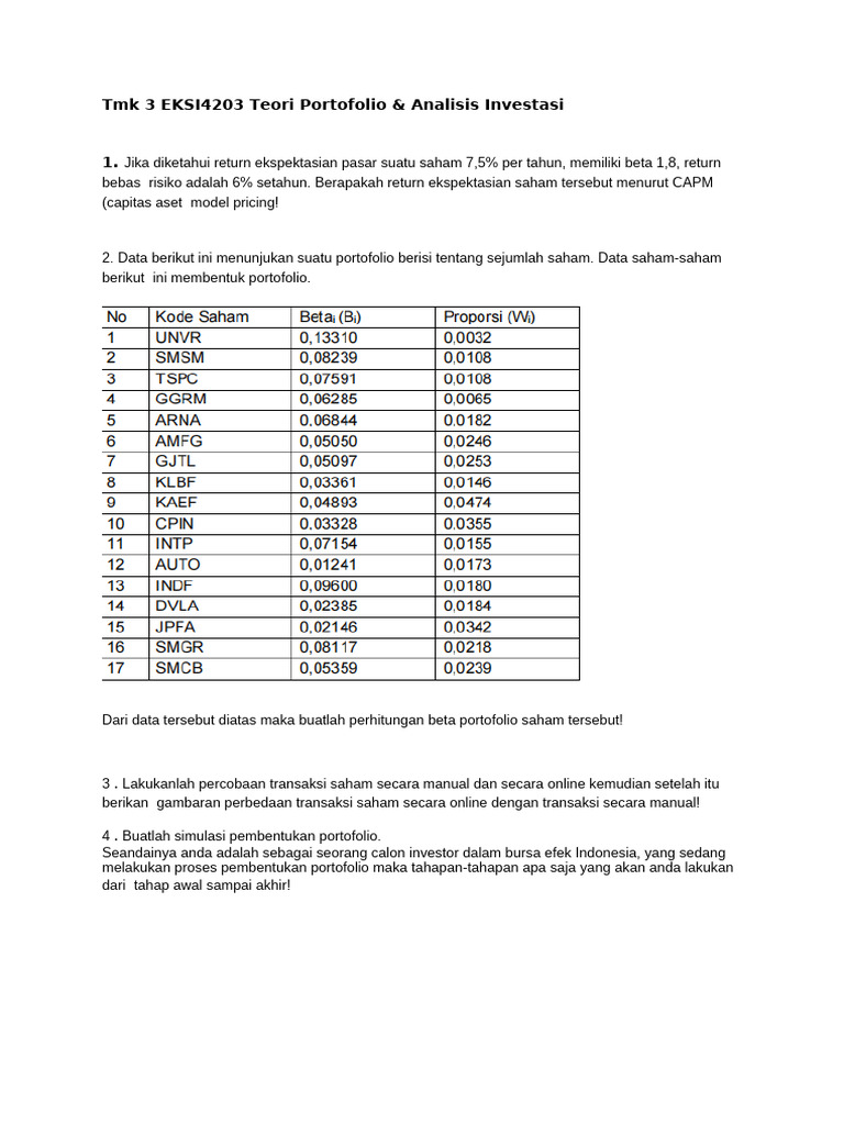 TMK 3 EKSI4203 Teori Portofolio & Analisis Investasi | PDF