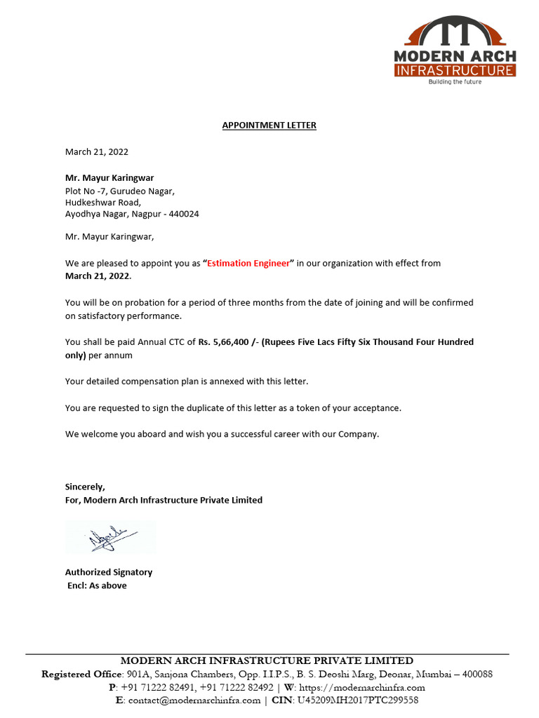 Appointment Letter: Estimation Engineer | PDF | Salary | Business