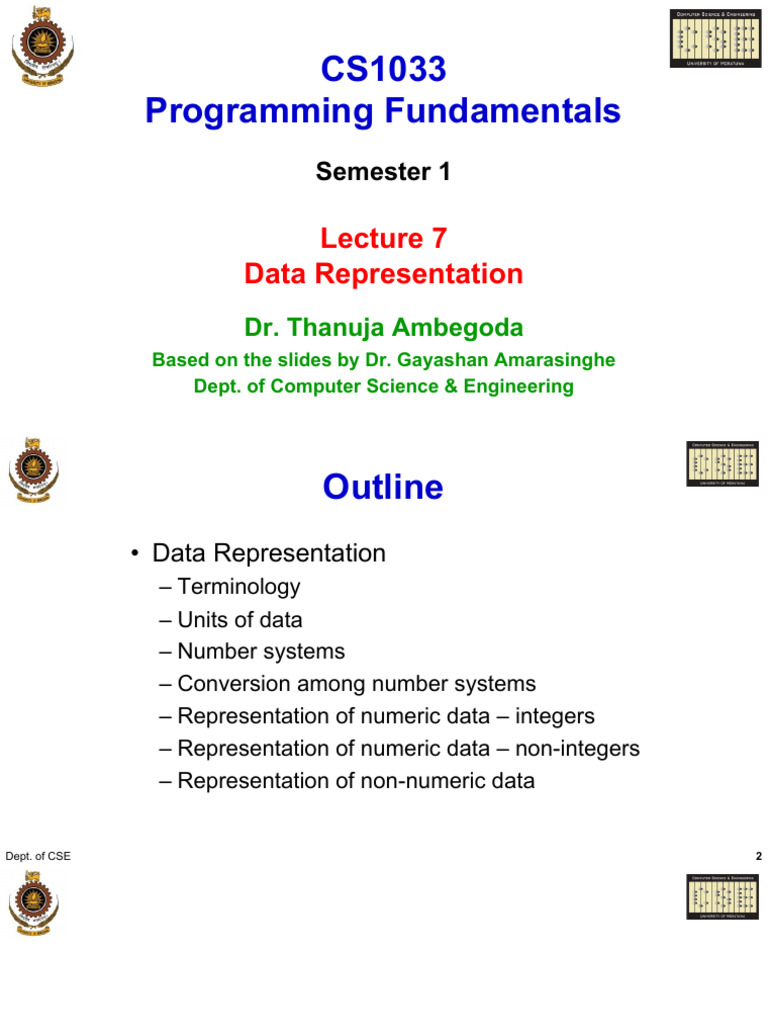 CS1033 - L7 (Data Representation) | PDF | Byte | Mathematical Notation