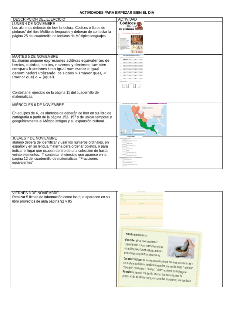 ACTIVIDADES PARA EMPEZAR BIEN EL DIA Semana 1 Nov | PDF