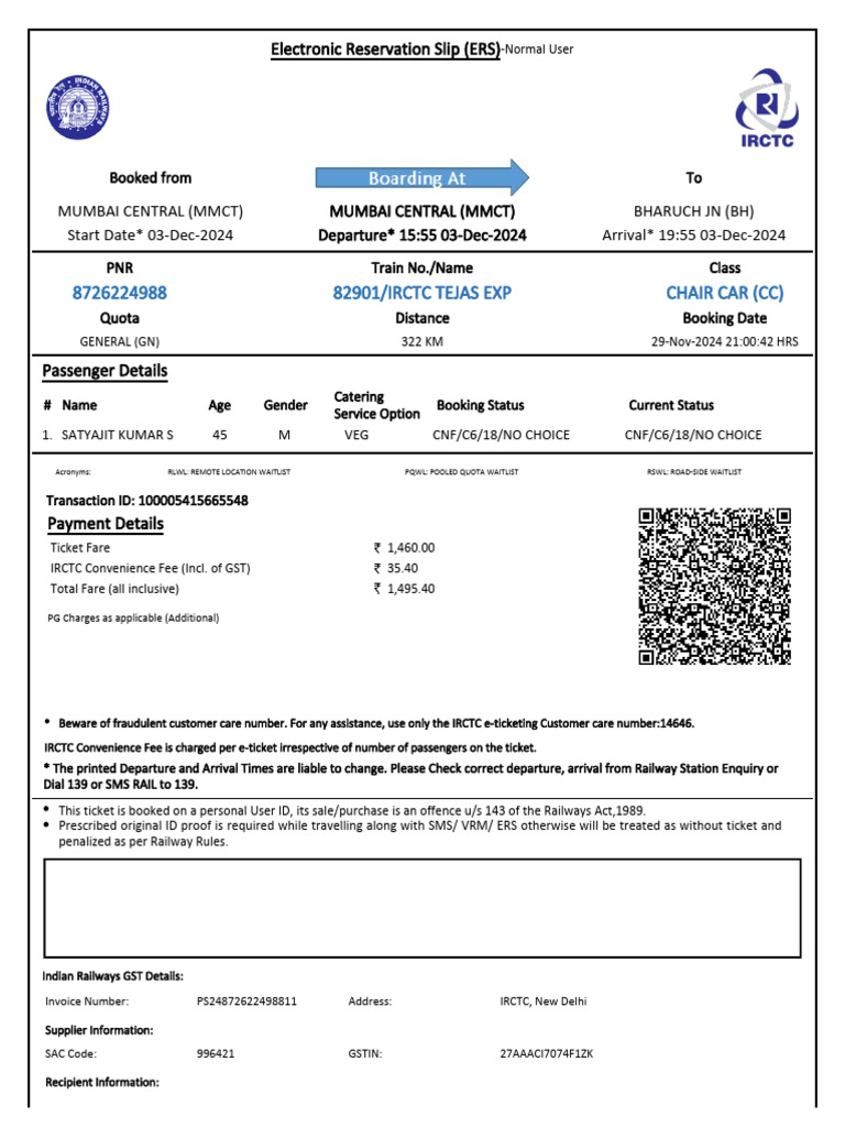 82901/irctc Tejas Exp Chair Car (CC) | PDF | Identity Document