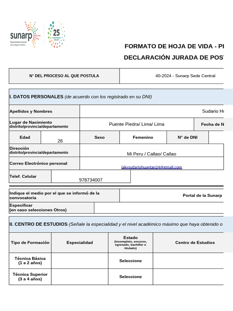 Anexo N.° 04 - Formato de Hoja de Vida - Prácticas | PDF | Documento de identidad | Lima