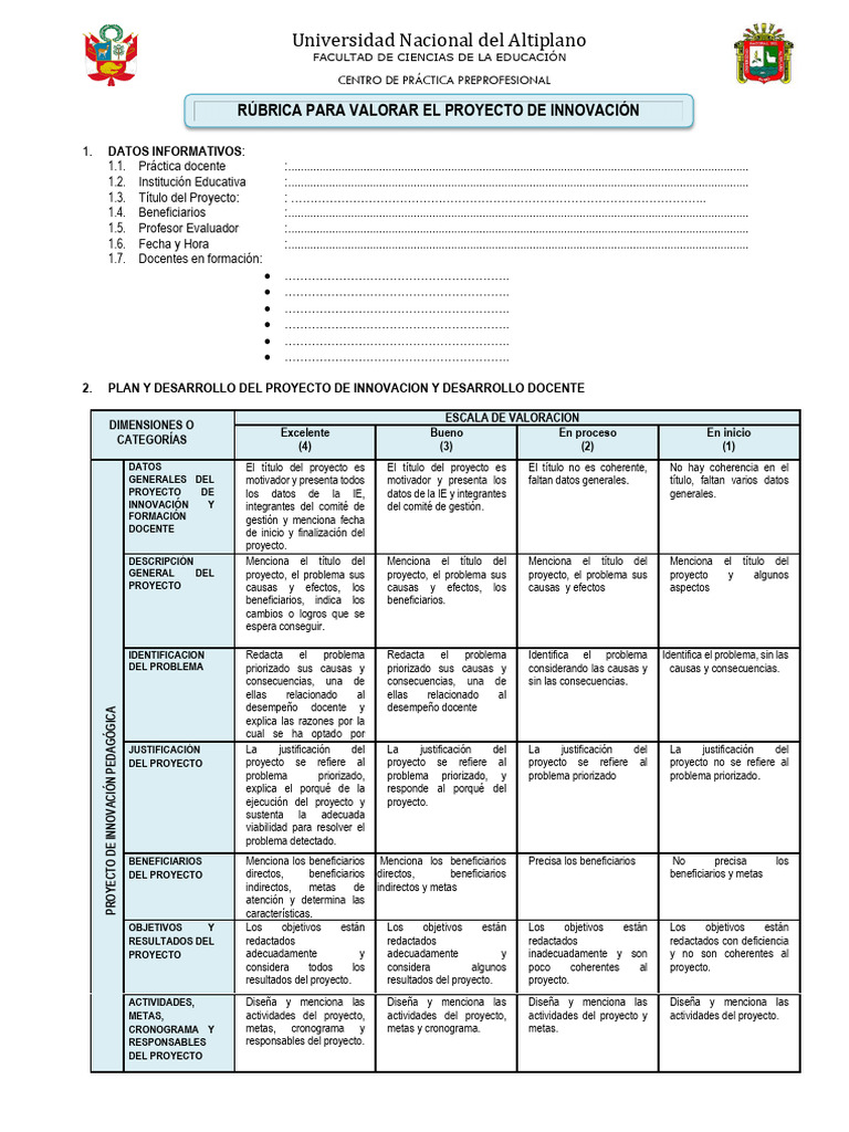 Rubrica de Proyeto de Innovacion | PDF | Evaluación