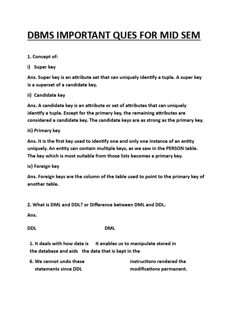 Updated DBMS IMPORTANT QUES FOR MID SEM | PDF | Databases | Relational Database
