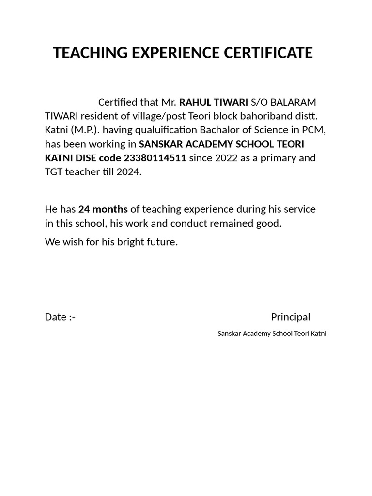 Teaching Experience Certificate | PDF