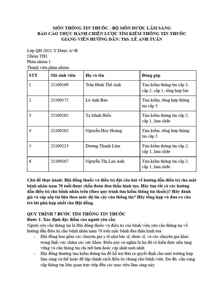 Hướng dẫn điều trị bệnh 2 - Nhóm 1 TH1 DAB21 | PDF