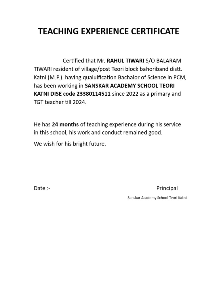 Teaching Experience Certificate for Rahul Tiwari | PDF