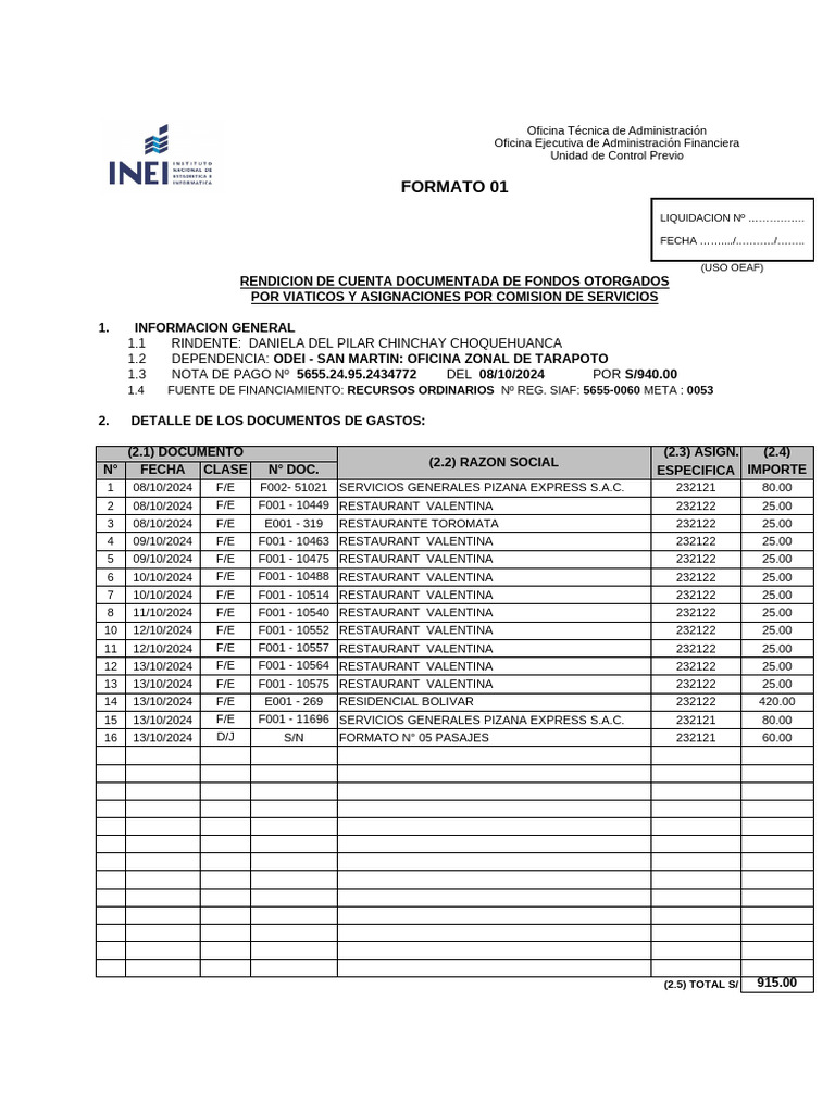 Formato 01 - 2da Rendicion Tocache | PDF