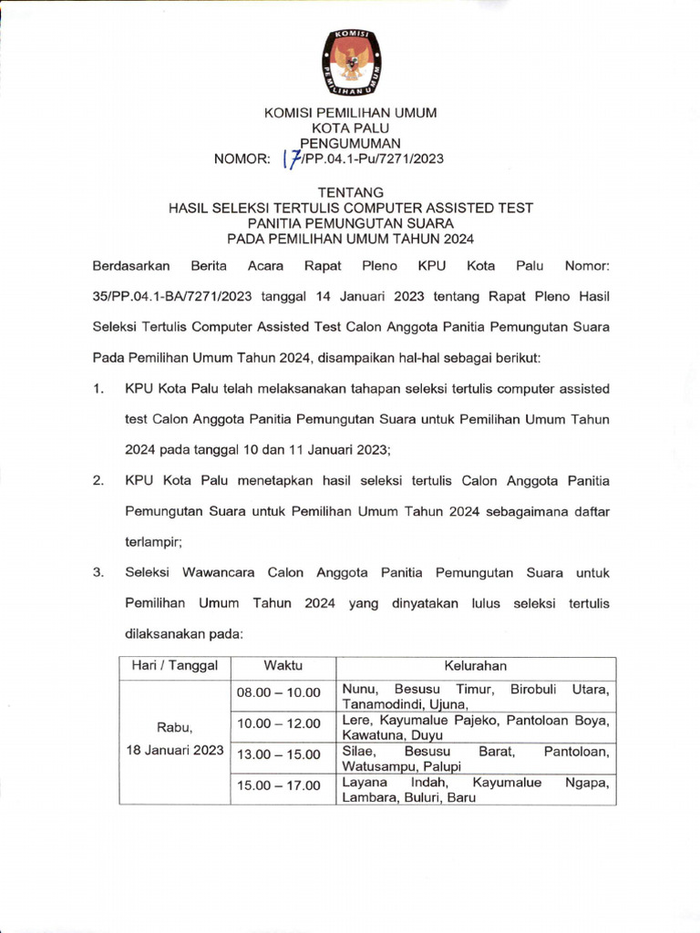 Pengumuman Hasil Seleksi Tertulis PPS Kota Palu Pemilu Tahun 2024 | PDF