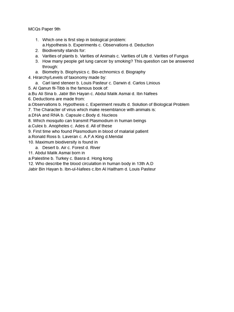 McQs Paper 9th CH 1-3 | PDF