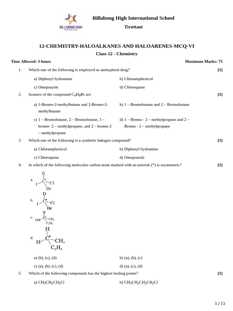 Class 12 Chemistry: Haloalkanes & Haloarenes MCQ | PDF | Chemical ...