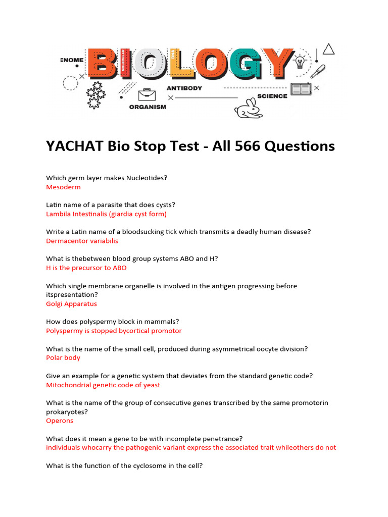 Bio Stop Test All 566 Questions | PDF | Meiosis | Gene