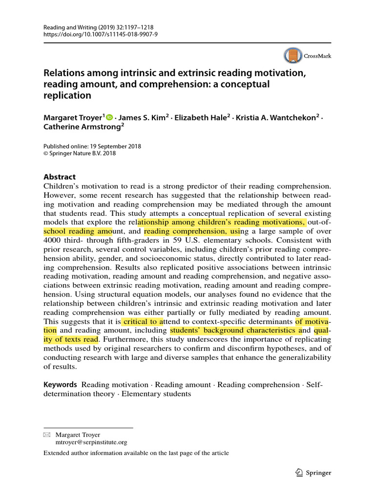 Relations Among Intrinsic and Extrinsic Reading Motivation - 2018 | PDF ...