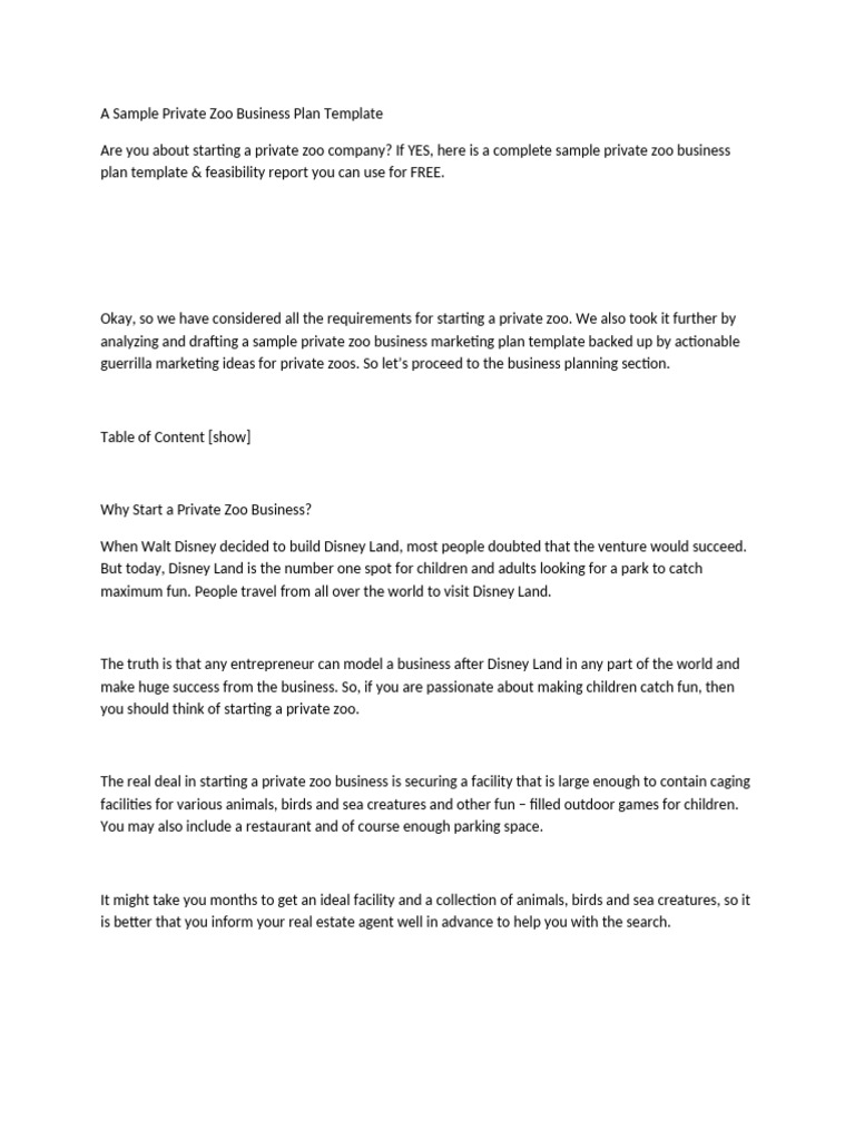 A Sample Private Zoo Business Plan Template | PDF | Zoo | Expense