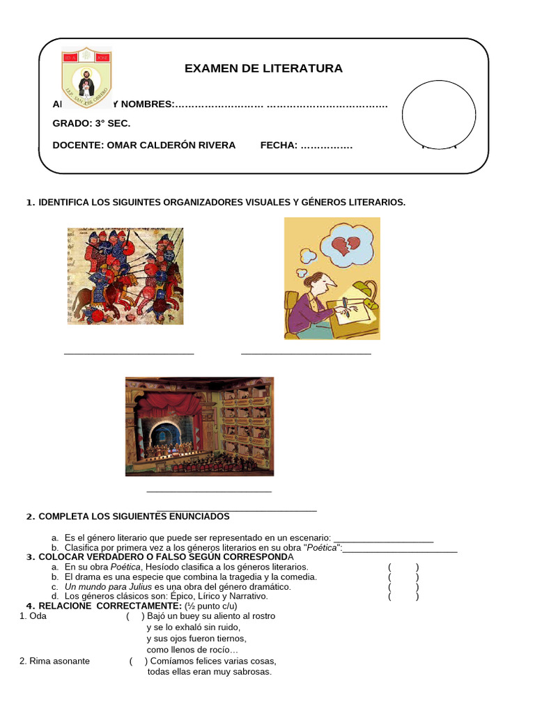 Examen de Literatura para 3° Secundaria | PDF | Poesía | Poesía épica
