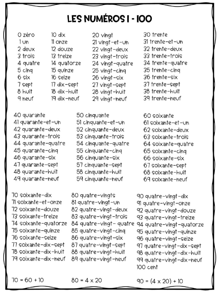 French Numbers To 100 | PDF