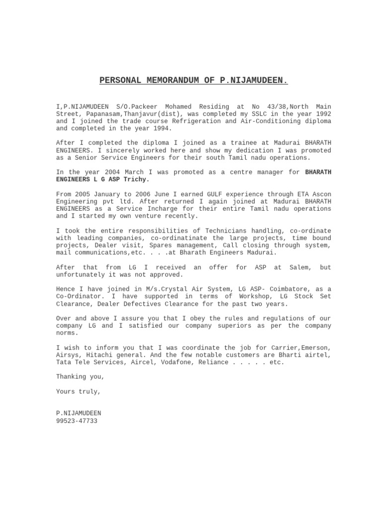 Personal Memorandum of P | PDF