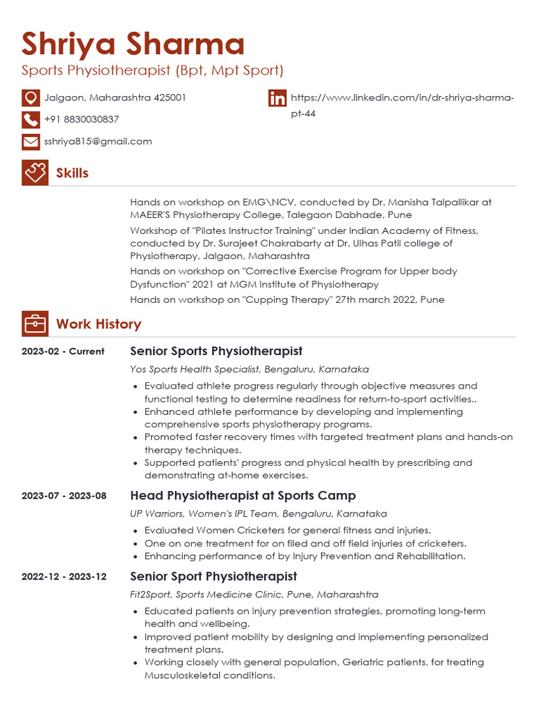 Shri Ya Sharma CV | PDF | Physical Therapy | Clinical Medicine