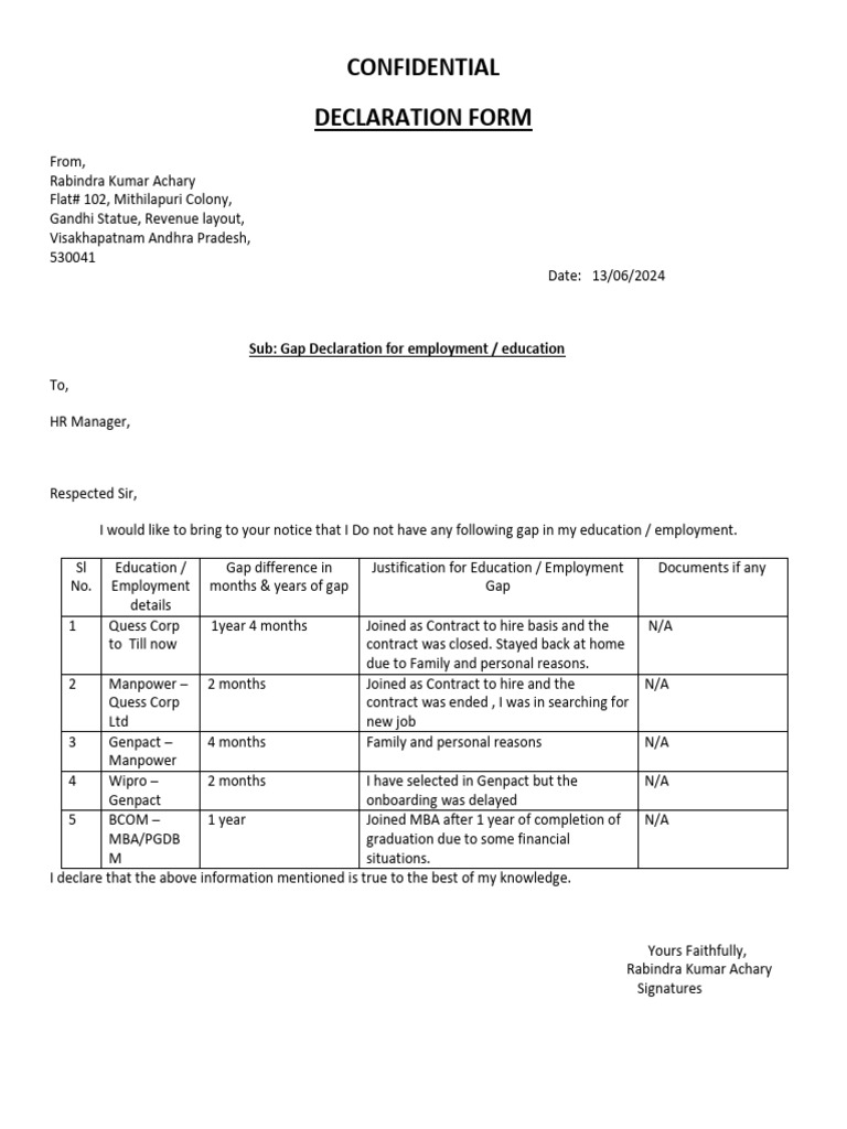 Gap Declaration Form | PDF