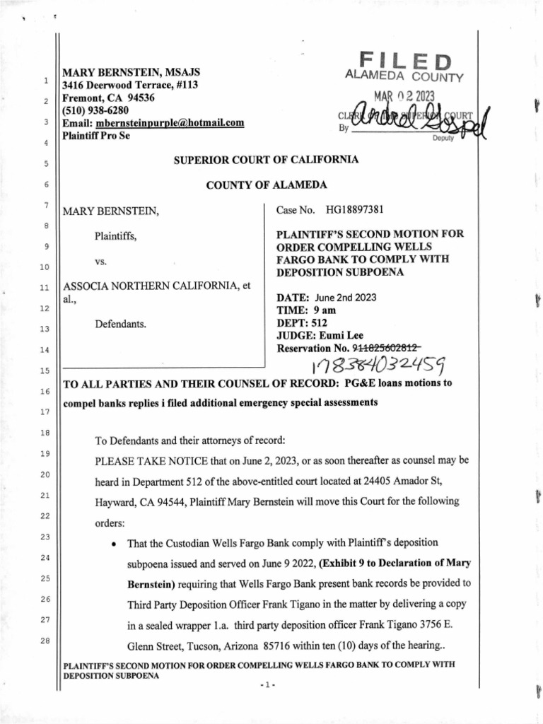 Plaintiff's Second Motion For Order Compelling Wells vs. Fargo Bank To ...