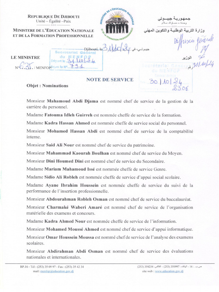Note de Service Nomination Chefs de Service 2024 | PDF