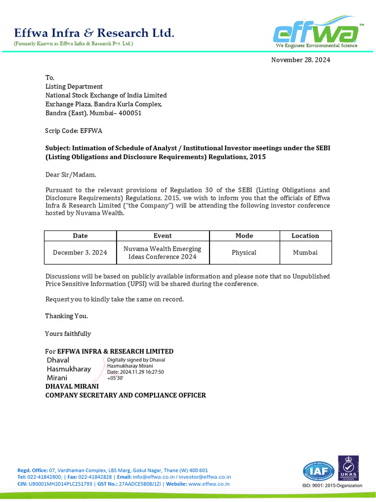 EFFWA 29112024181608 IntimationforInvestorMeeton031224revised Signed ...