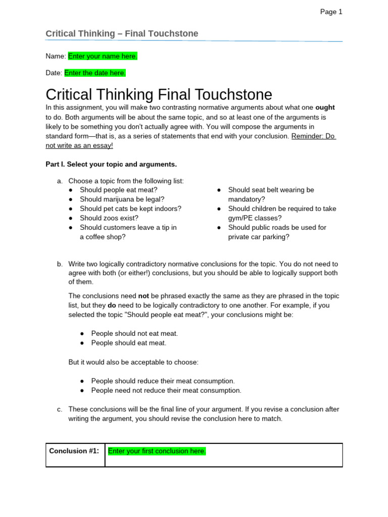 Critical Thinking Touchstone 4 Template | PDF | Argument | Deductive Reasoning