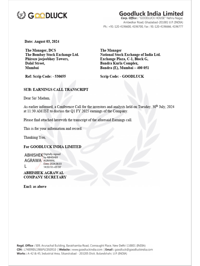 Goodluck - CC - Q1 - FY - 2024-2025 - Defence, Solar, Hydrogen, Railways | PDF | Sustainable ...