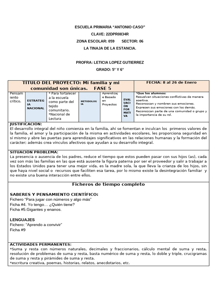 Proyecto Mi Familia y Mi Comunidad Son Unicas 5° y 6° | PDF ...
