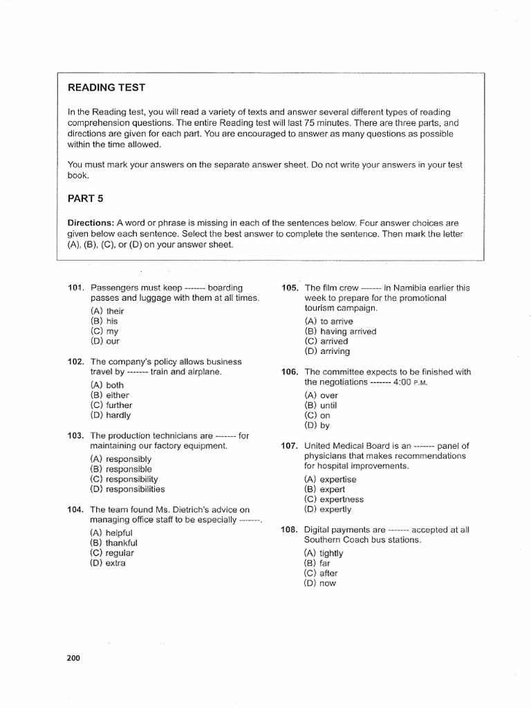 Toeic Reading Test (Sample) | PDF