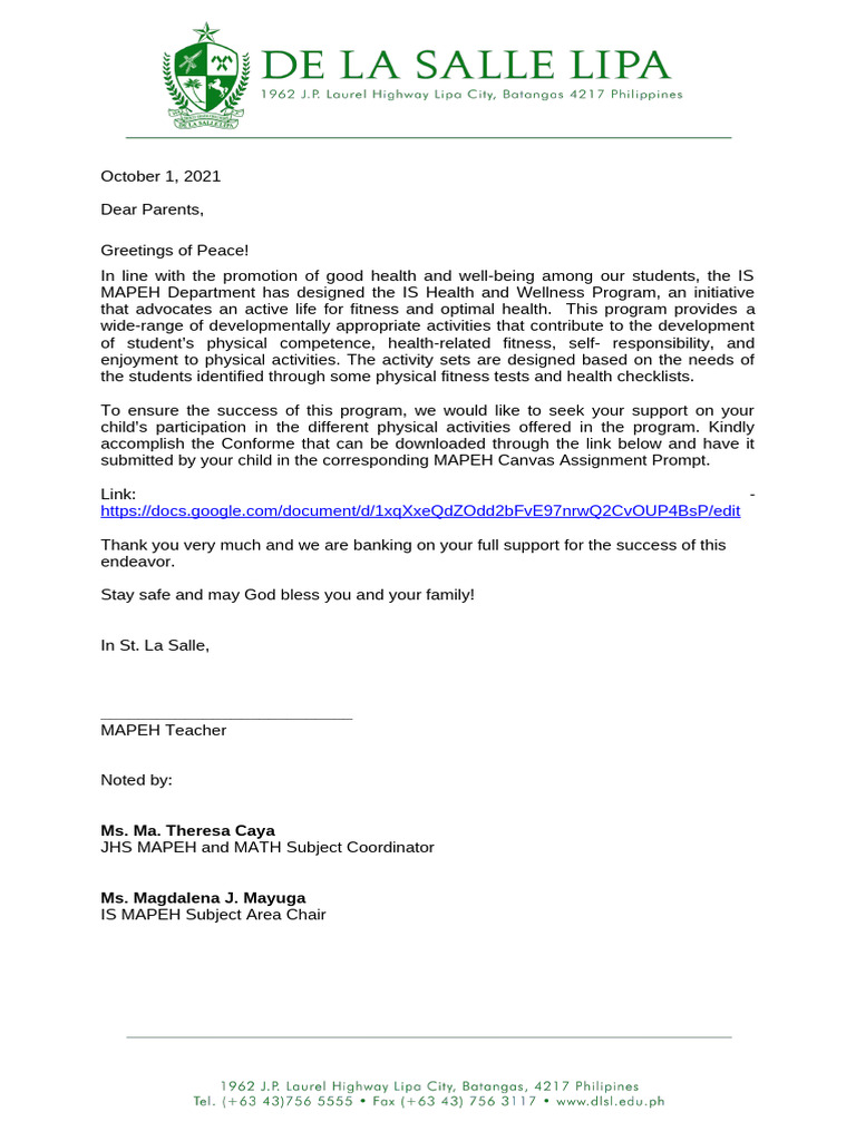 Letter To Parents - Parent's Consent JHS - Updated | PDF