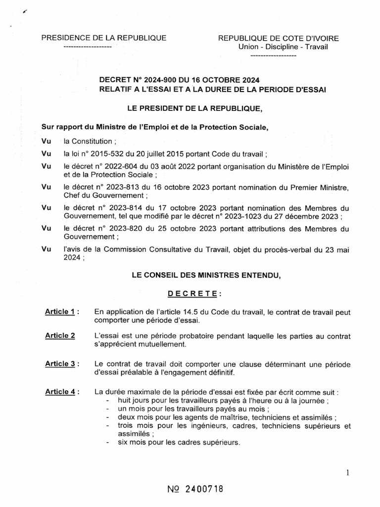 Decret 2024-900 Relatif A L'essai Et A La Duree de La Periode D'essai | PDF