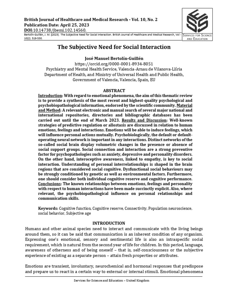 The Subjective Need For Social Interaction. | PDF | Empathy | Emotions