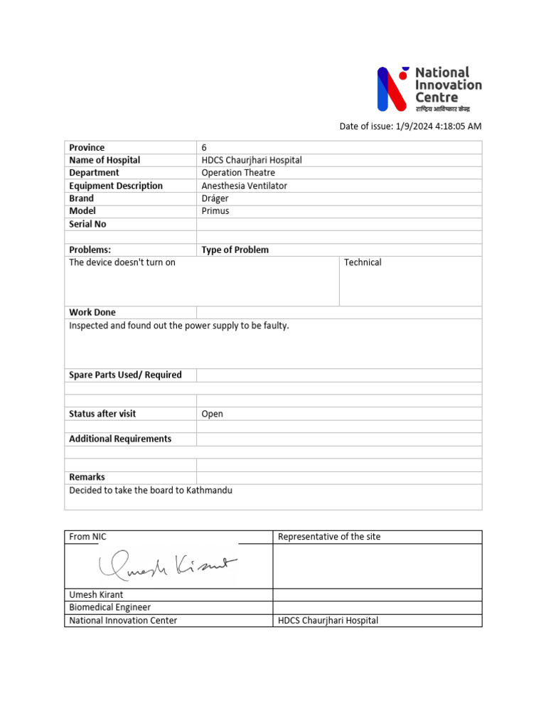 HDCS Chaurjhari Hospital Report | PDF | Biomedical Engineering | Equipment