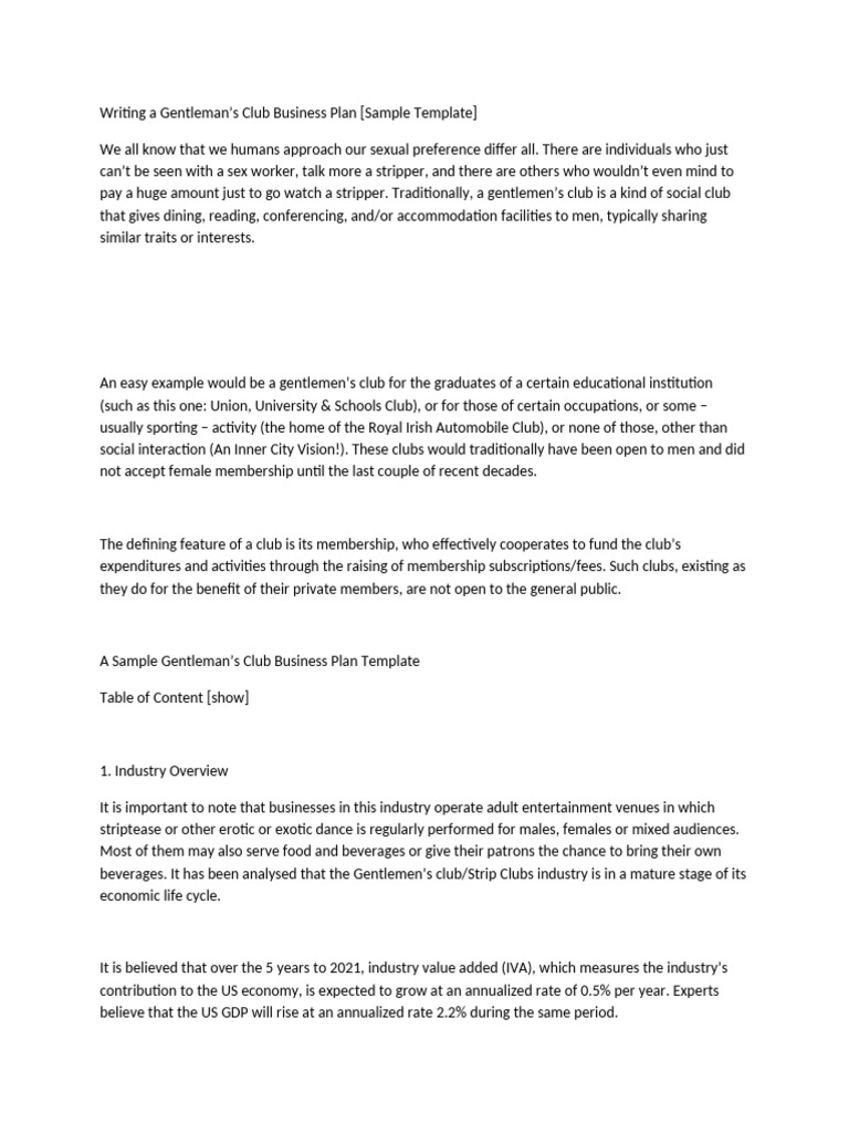 Gentleman’s Club Business Plan Template | PDF | Strip Club | Pricing