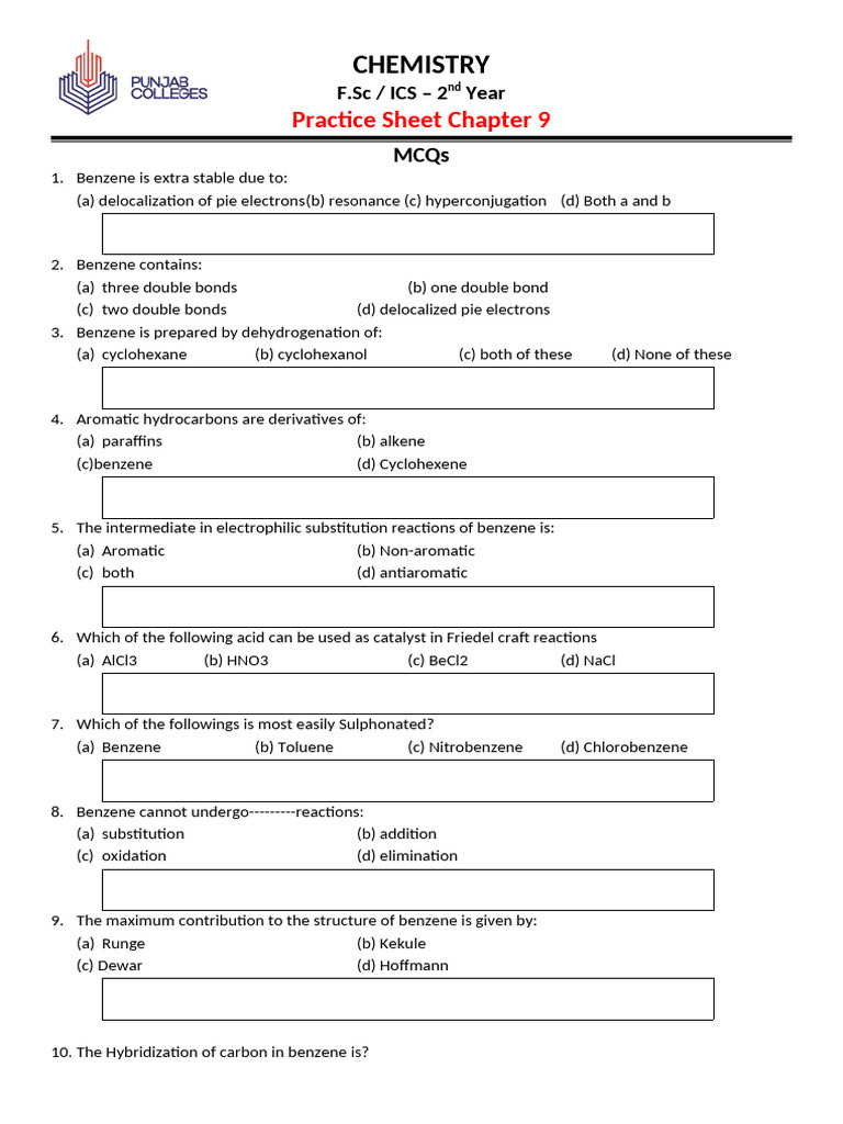 CH9 Chem-II (Practice Sheet) | PDF | Benzene | Alkene
