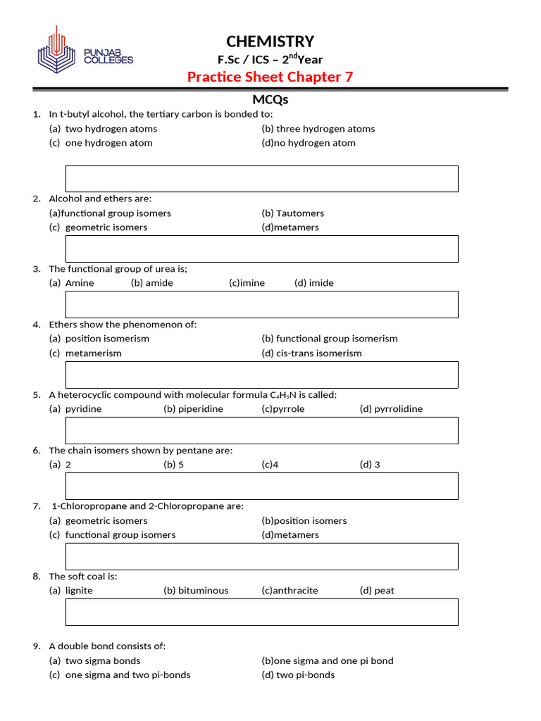 CH7 Chem-II (Practice Sheet) | PDF | Isomer | Functional Group