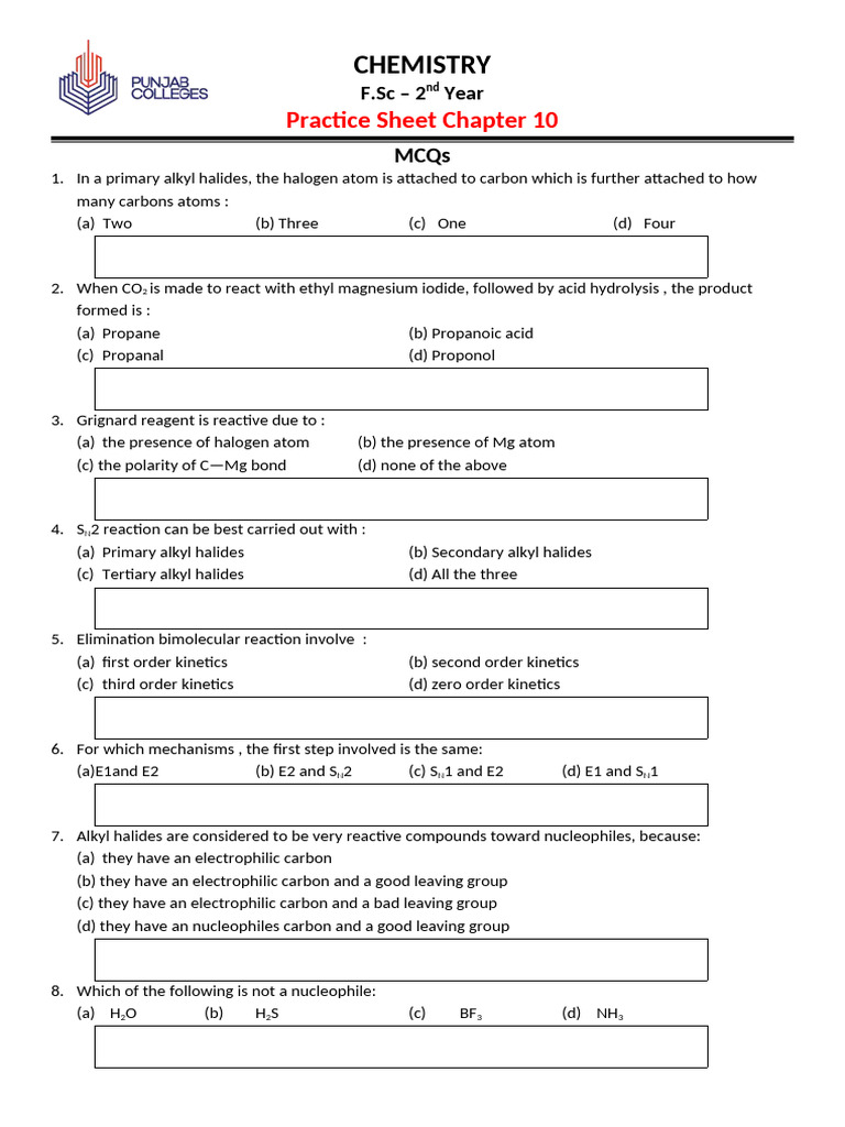 CH10 Chem-II (Practice Sheet) | PDF | Chemical Reactions | Unit Processes