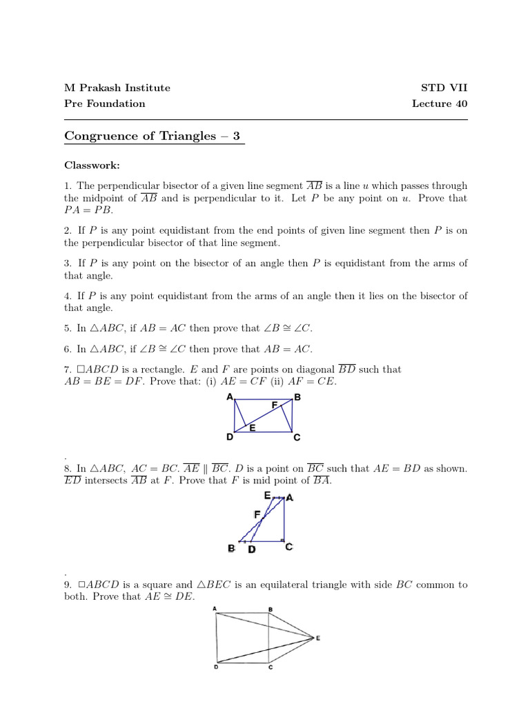 Congruence of Triangles: Classwork & Homework | PDF | Perpendicular ...